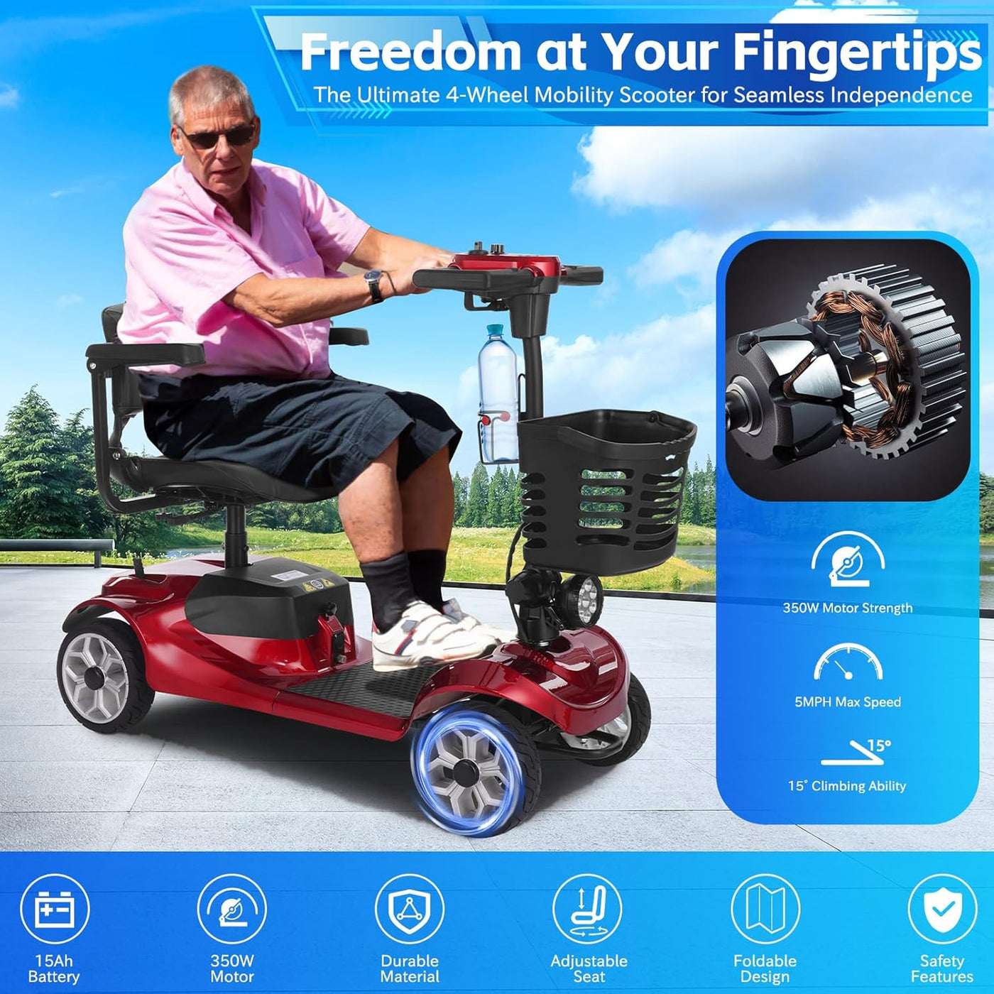Ecomobi MS01 4-Wheel Foldable Mobility Scooter for Seniors – 15-Mile R