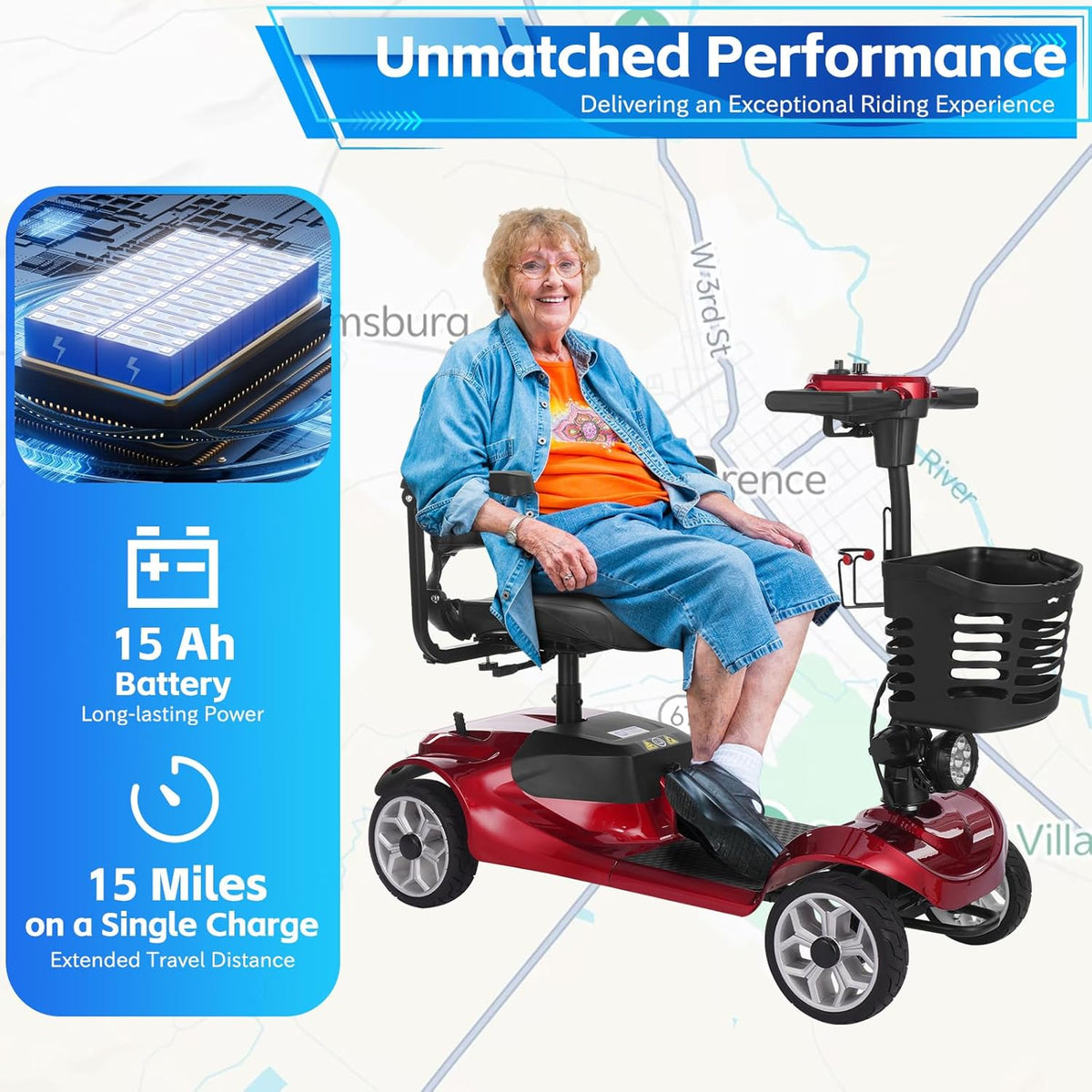 Ecomobi MS01 4-Wheel Foldable Mobility Scooter for Seniors – 15-Mile R
